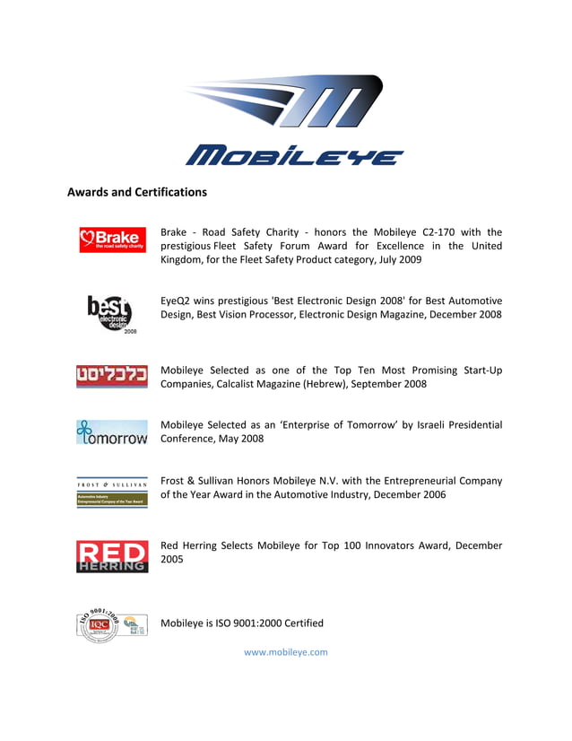 Mobileye - Awards & Certifications | PDF