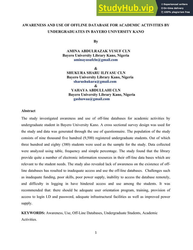 AWARENESS AND USE OF OFFLINE DATABASE FOR ACADEMIC ACTIVITIES BY ...