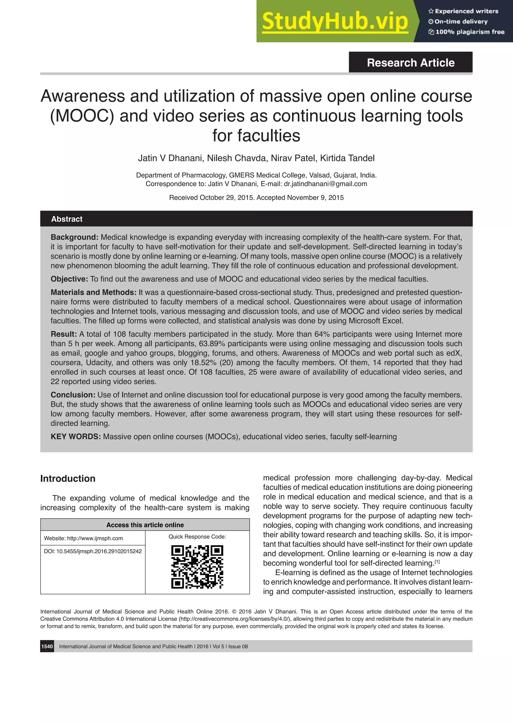 Awareness and utilization of massive open online course (MOOC) and ...