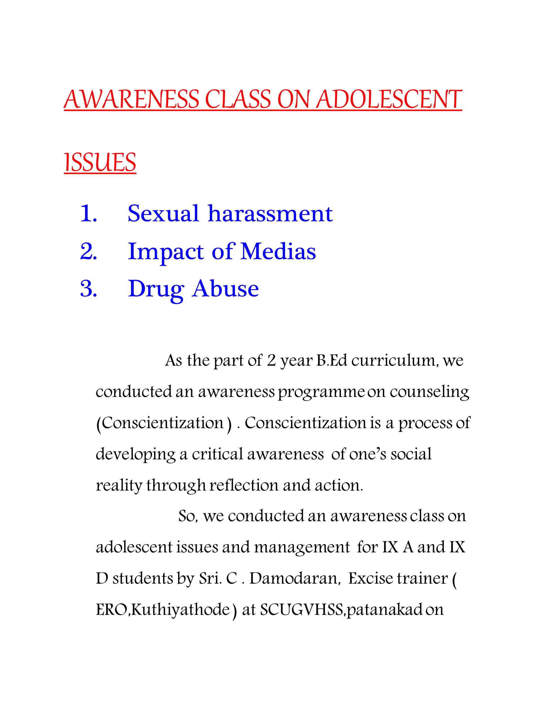 Awareness class on adolescent issues | DOCX | Debated Sensitive Social ...