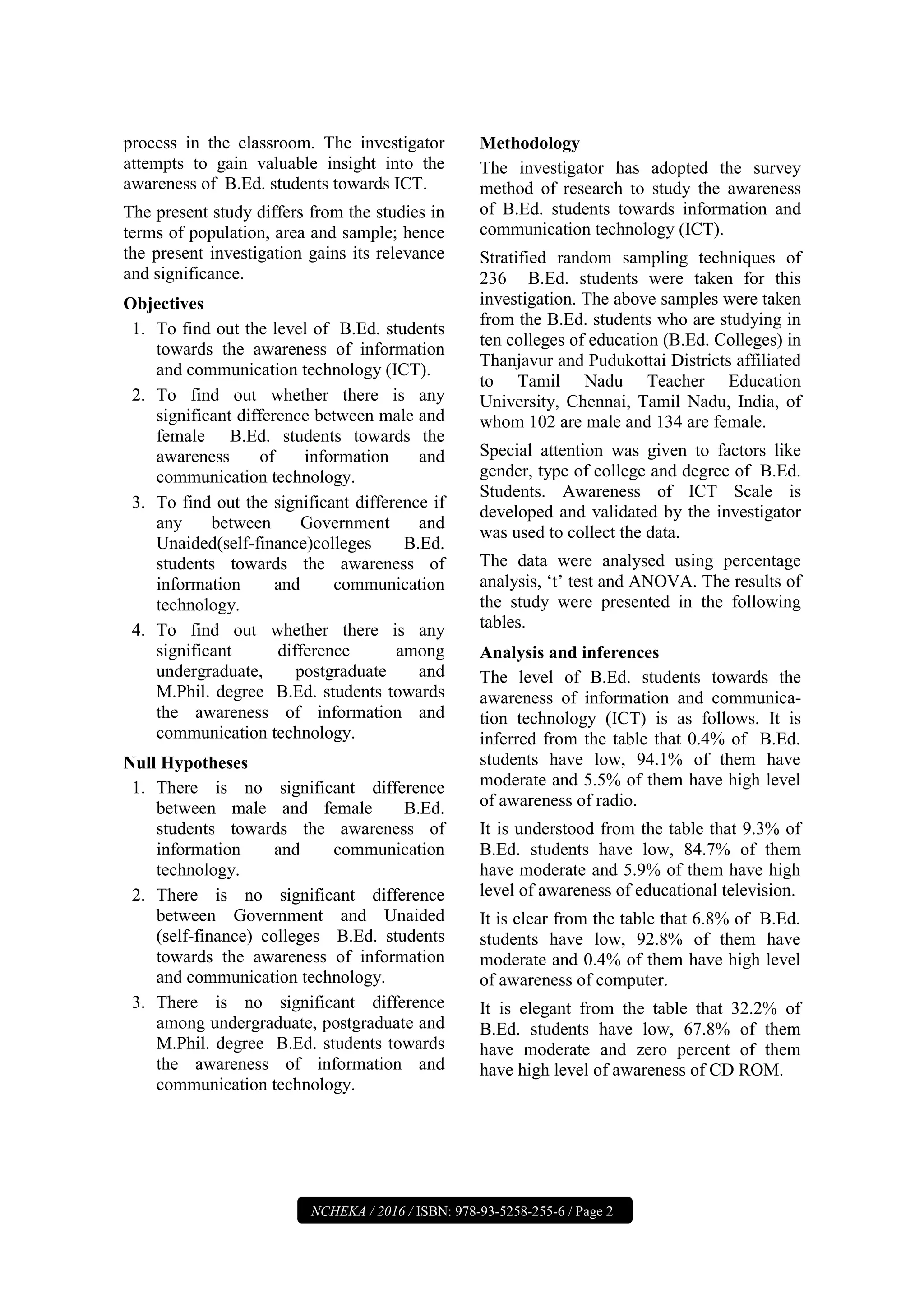 Awareness of B.Ed. students towards information and communication technology (ict) | PDF