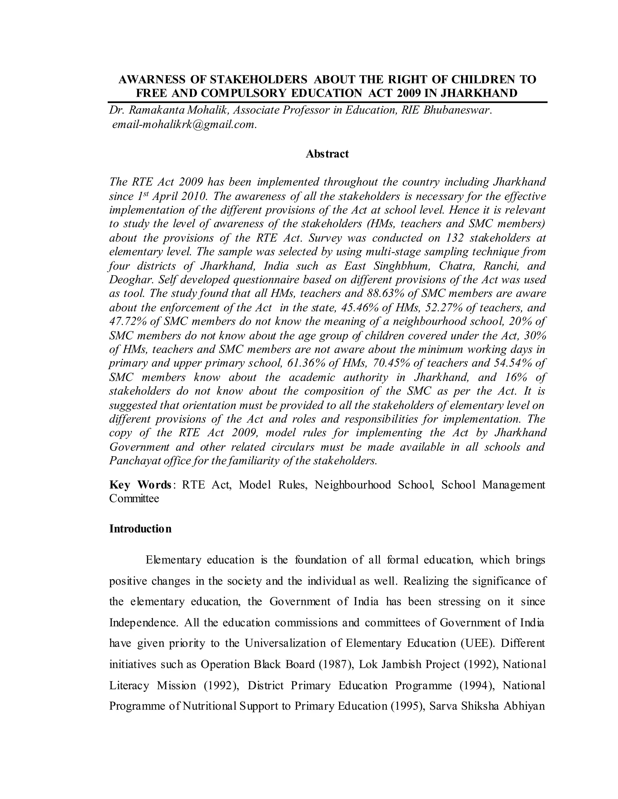 Awarness of stakeholders about the rte act 2009 | DOCX