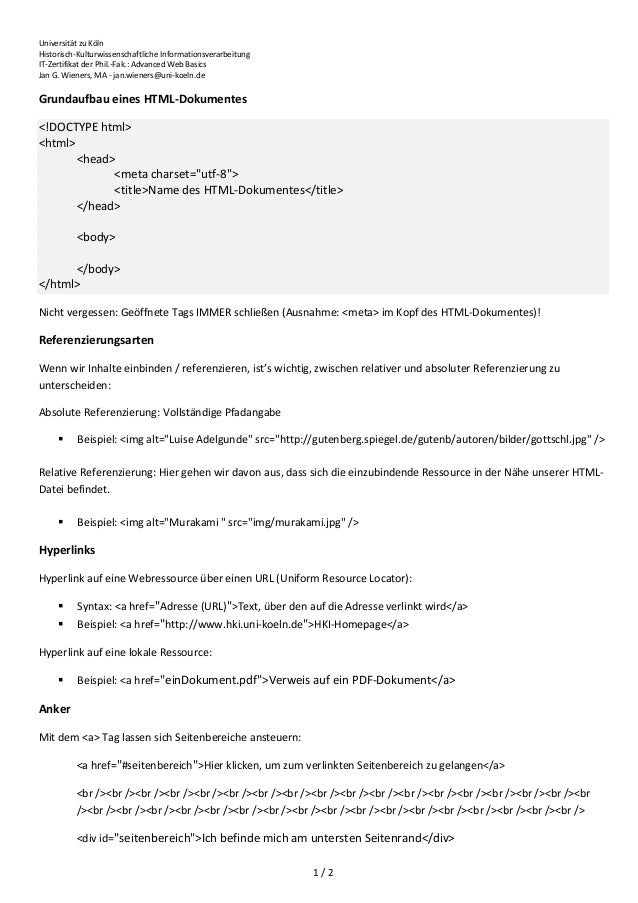 IT-Zertifikat: Advanced Web Basics - Handout HTML II IT-Zertifikat: Advanced Web Basics - Handout HTML II