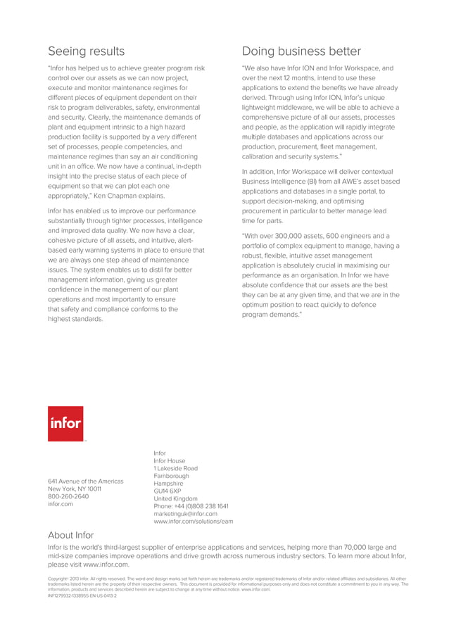 Awe customer profile_(2-page)_infor_eam_infor_ion_infor_workspace_defense_emea_english | PDF