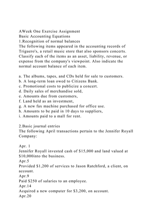 AWeek One Exercise AssignmentBasic Accounting Equations1.Recog.docx