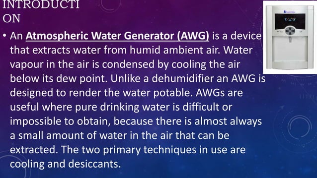 Atmospheric Water Generator (AWG) | PPT