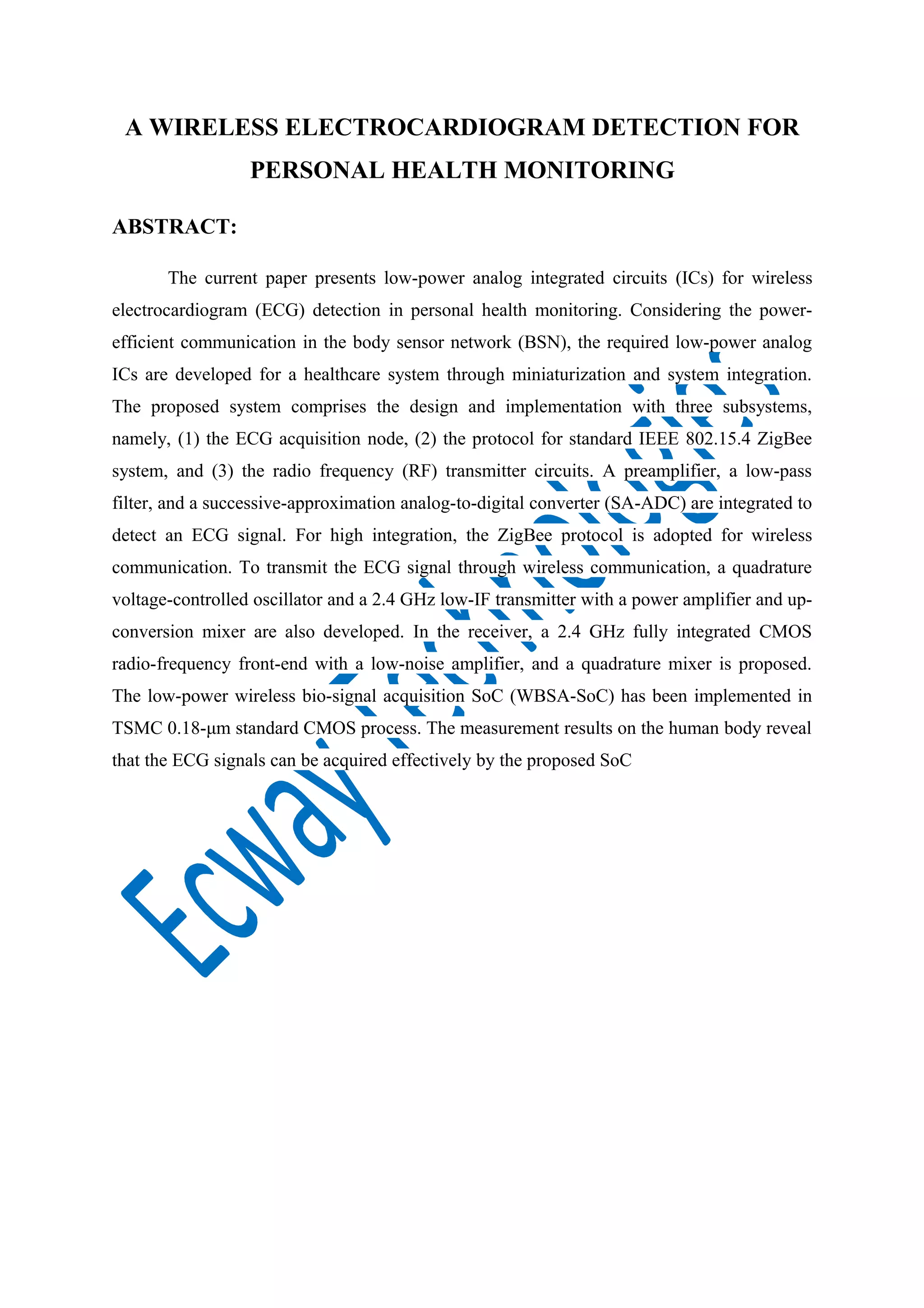 A Wireless Electrocardiogram Detection For Personal Health Monitoring Pdf