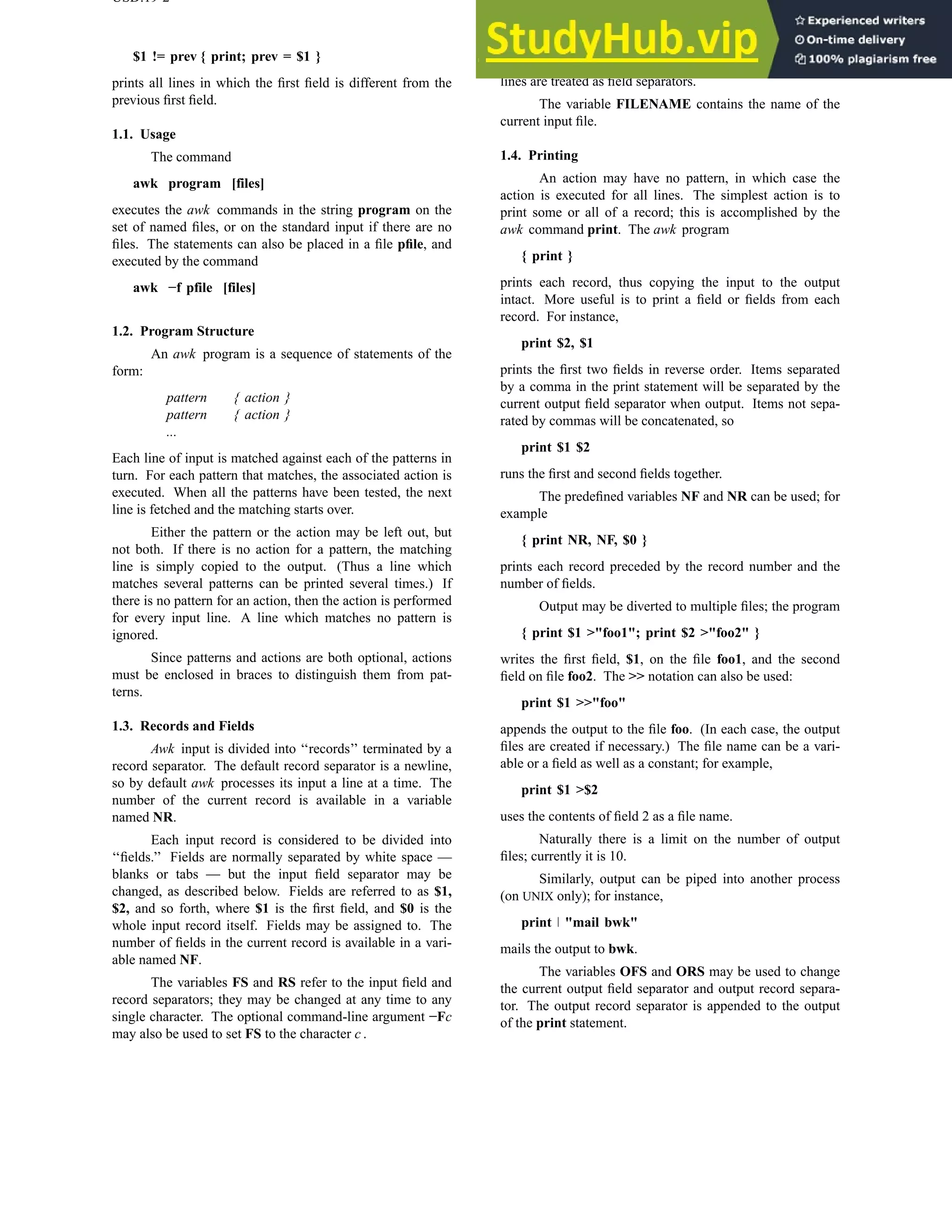 Awk A Pattern Scanning And Processing Language Pdf 
