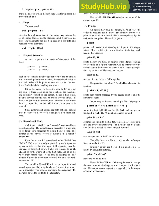Awk A Pattern Scanning And Processing Language Pdf Programming