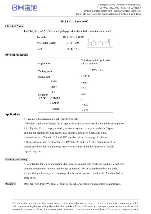 Light stabilizer 622 hals 622 tinuvin 622 cas 65447-77-0 tds baoxu ...