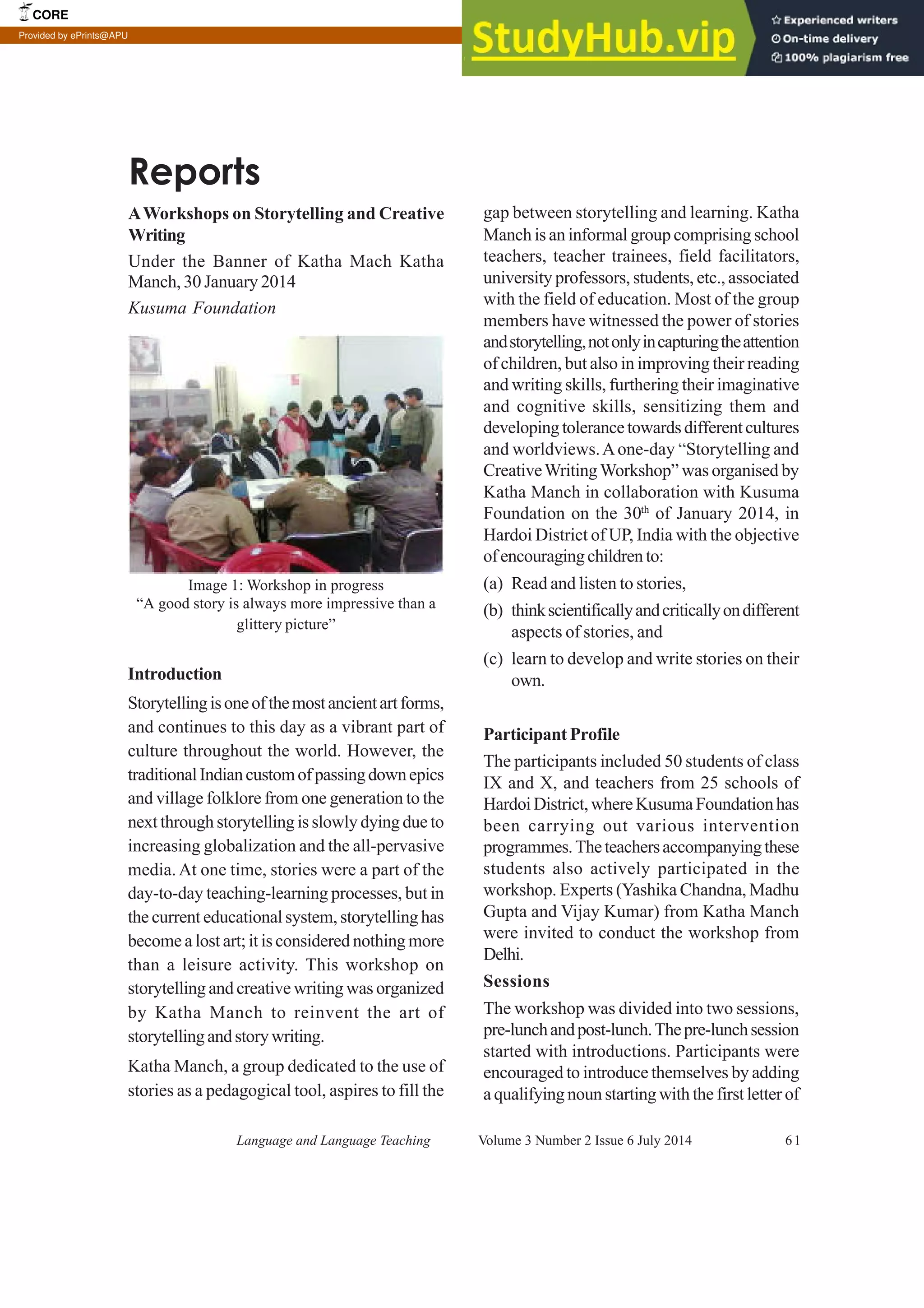 A Workshops On Storytelling And Creative Writing | PDF