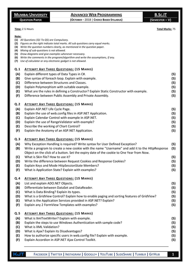 Advanced Web Programming (Question Paper) [October – 2018 | Choice Based Syllabus] | PDF