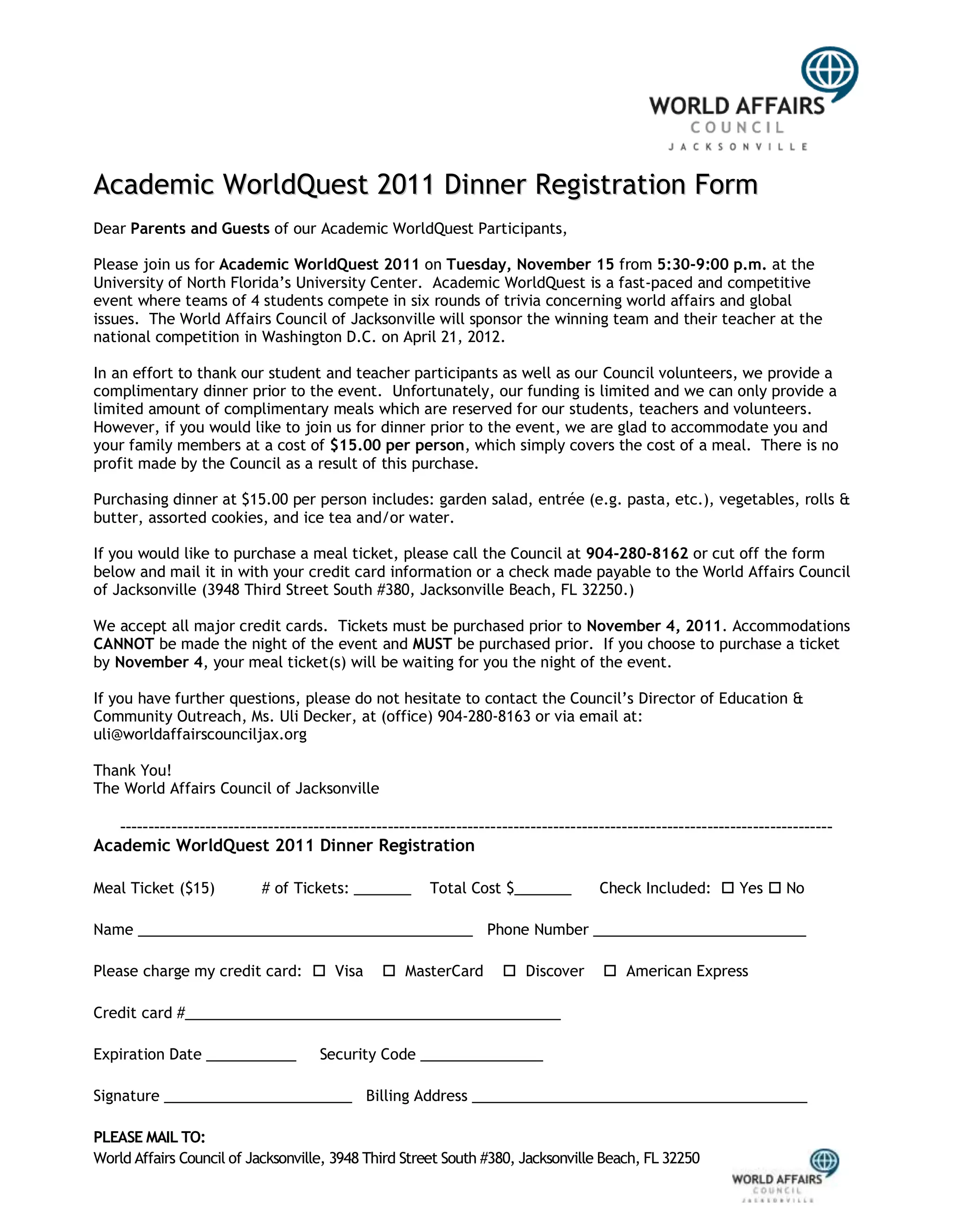 Academic WorldQuest Dinner Registration for Parents & Guests | PDF