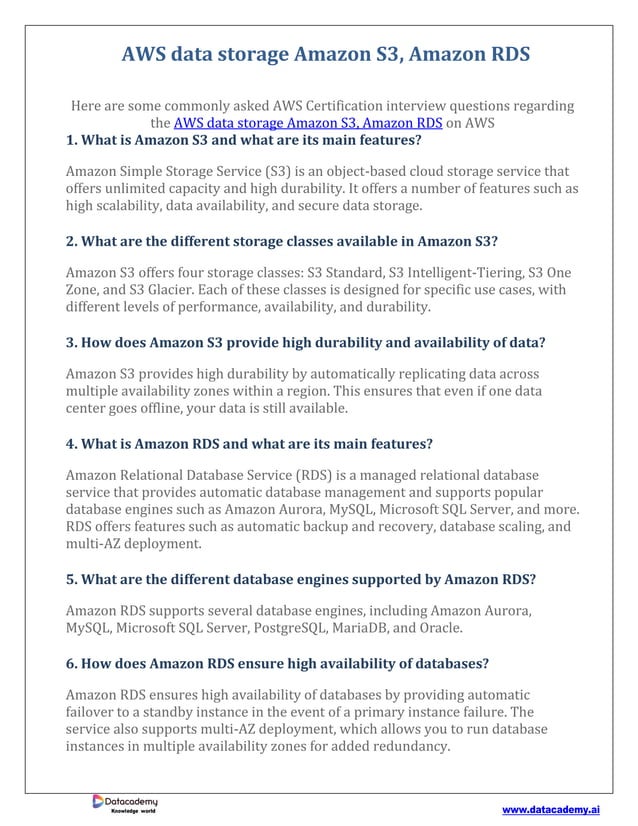 AWS data storage Amazon S3, Amazon RDS.pdf | Cloud Computing | Internet