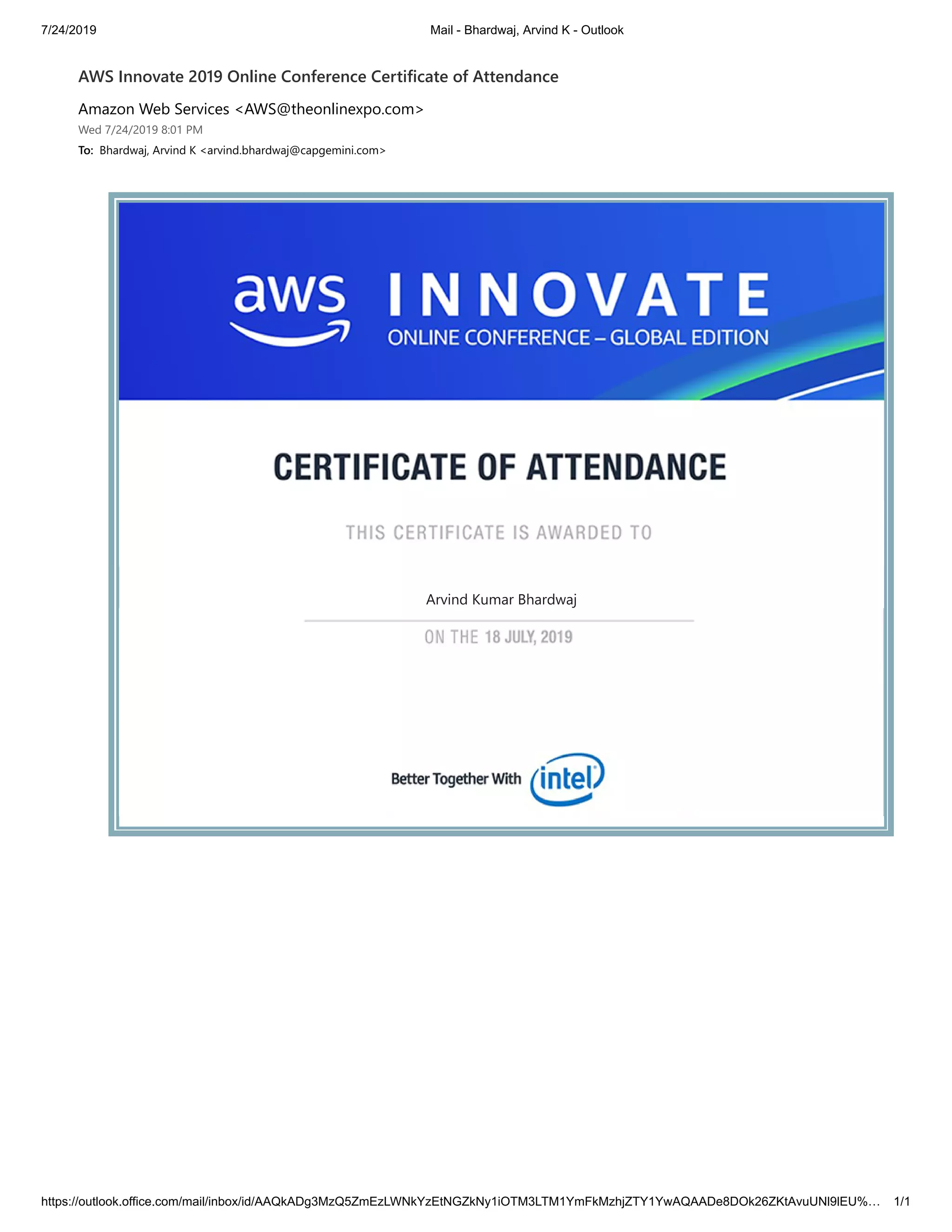 Aws innovate 2019 online conference certificate of attendance | PDF