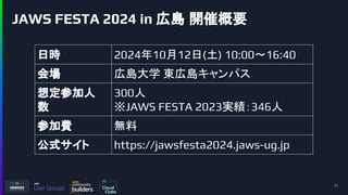 AWS Summit 2024 今年は広島！ JAWS FESTAで祭りだわっしょい！.pdf / AWS Summit 2024 JAWS FESTA 2024 in Hiroshima | PDF