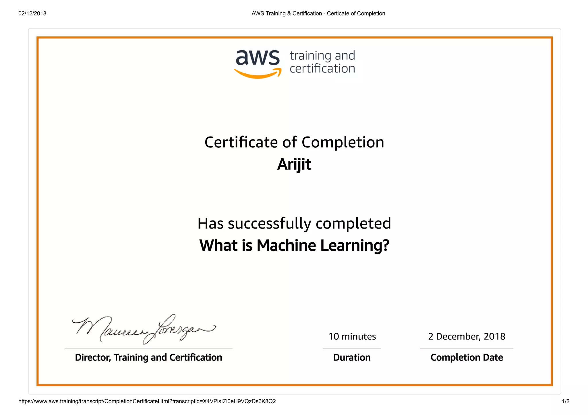 Aws Ml Certificate Of Completion Ppt