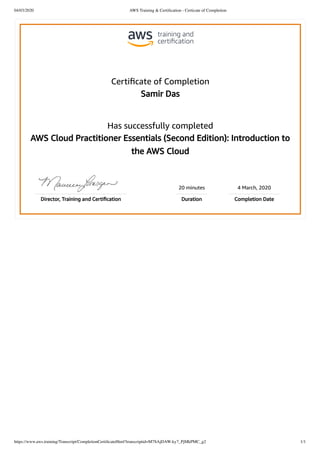 Introduction to AWS Cloud - AWS Certification Completion | PDF