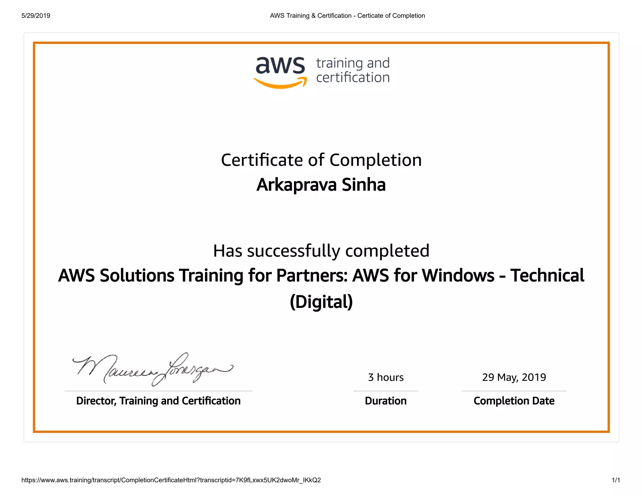 Aws Training And Certification Certicate Of Completion Pdf