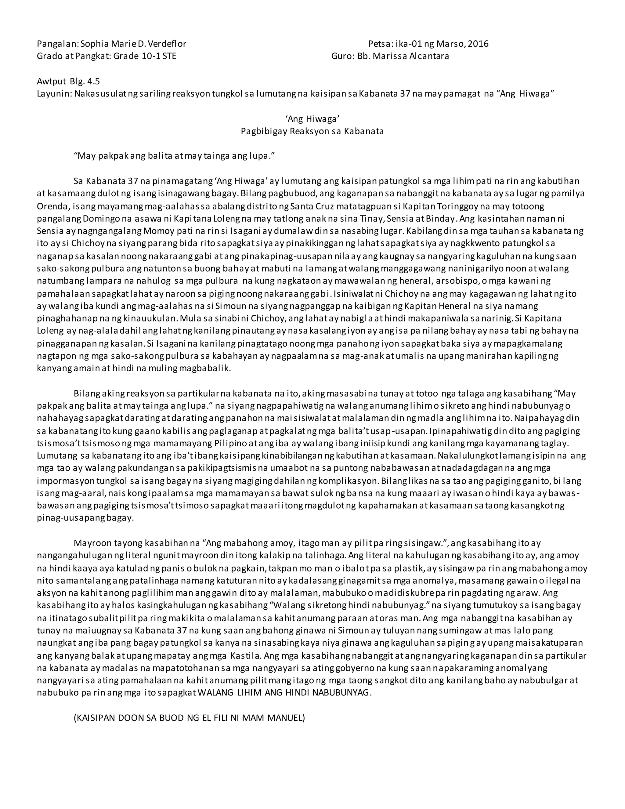 Reaction Paper: Kabanata 37: Ang Hiwaga | DOCX