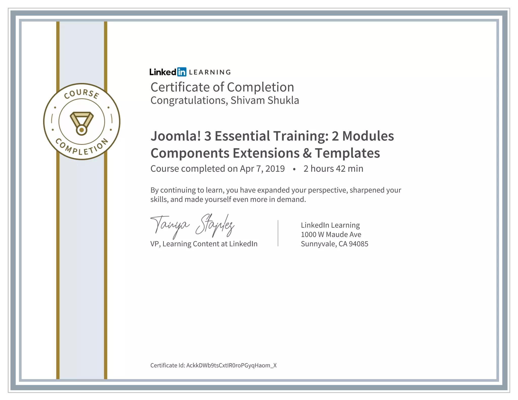 Certificate of completion of joomla 3 essential training 2 modules components extensions ...
