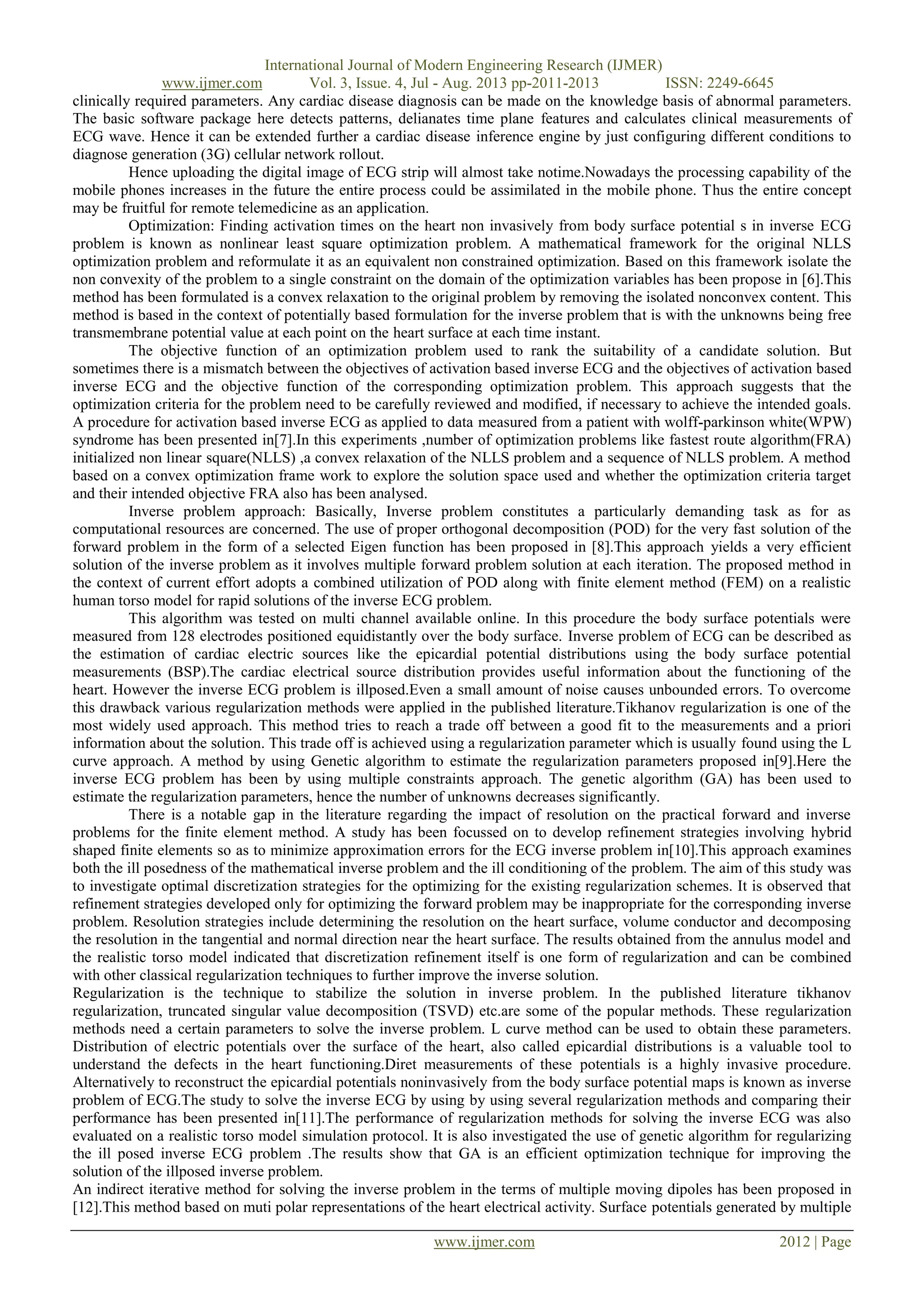 A survey on Inverse ECG (electrocardiogram) based approaches | PDF