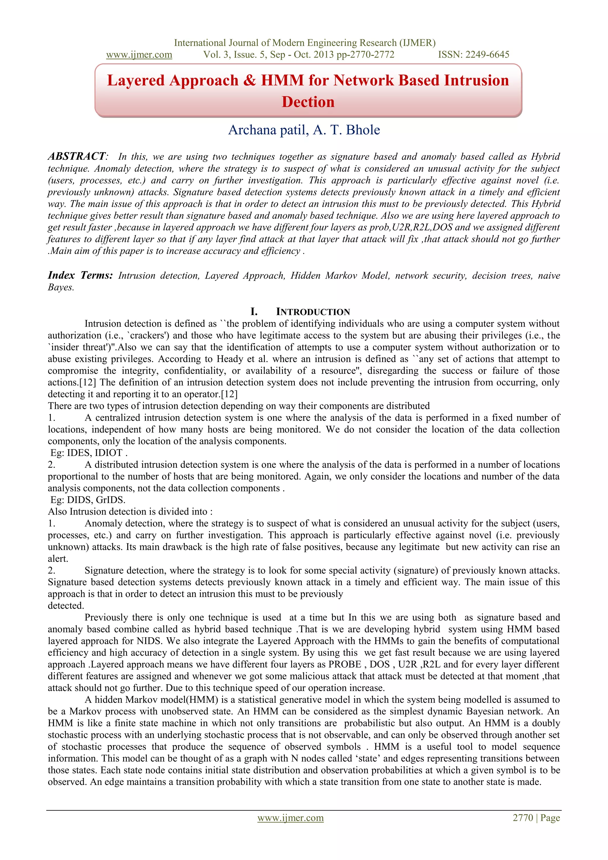 Layered Approach & HMM for Network Based Intrusion Dection | PDF