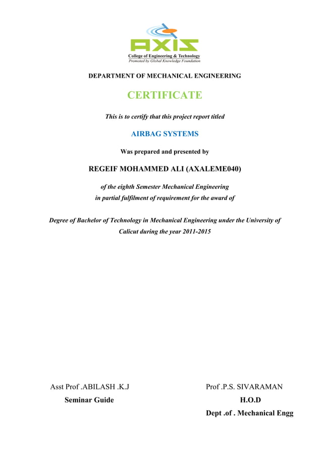 SEMI REPORT ON AIRBAG SYS | PDF | Auto Safety Technologies | Auto ...