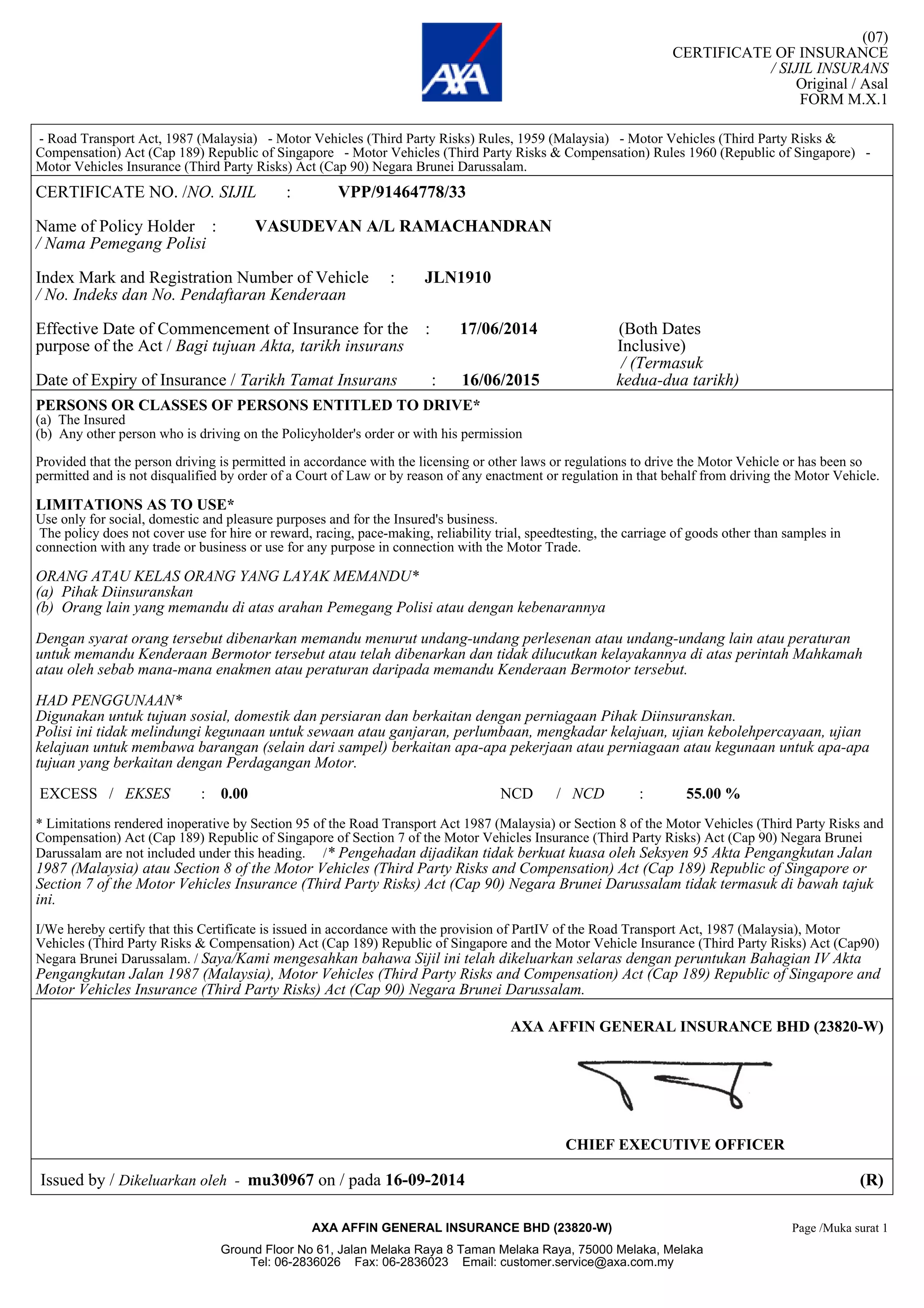 Axa policy (jln1910) | PDF