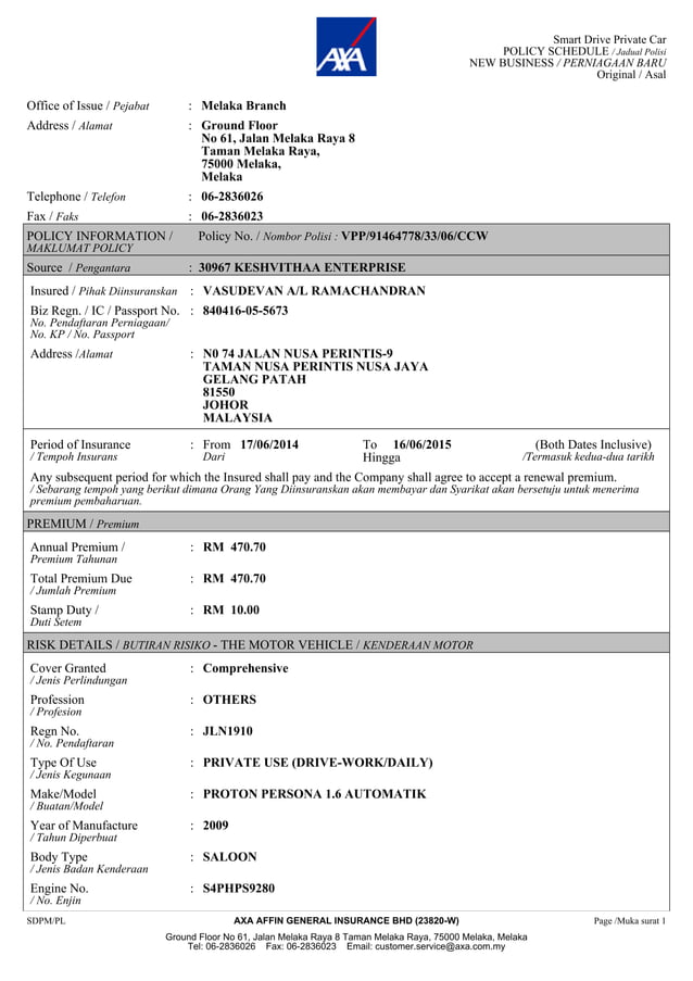 Axa policy (jln1910) | PDF