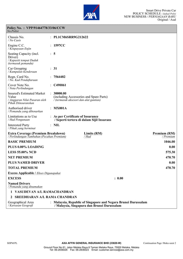 Axa policy (jln1910) | PDF