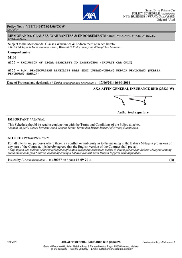 Axa policy (jln1910) | PDF