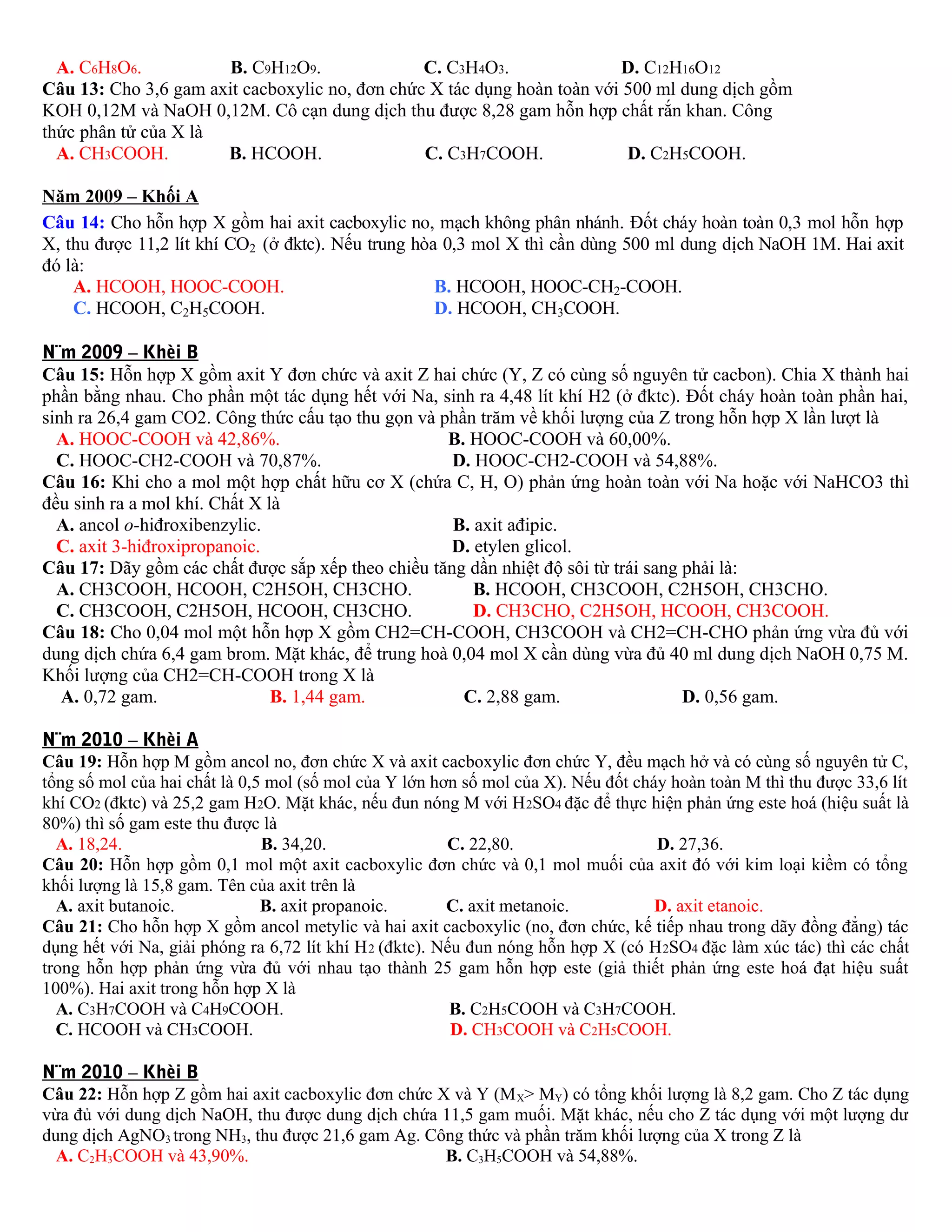Axitcacboxylic thi dai hoc 20072013 co dap an | DOC