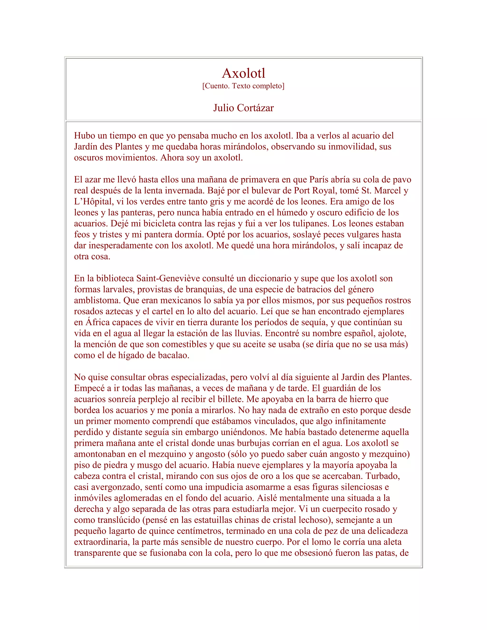 Axolotl, julio cortázar | PDF