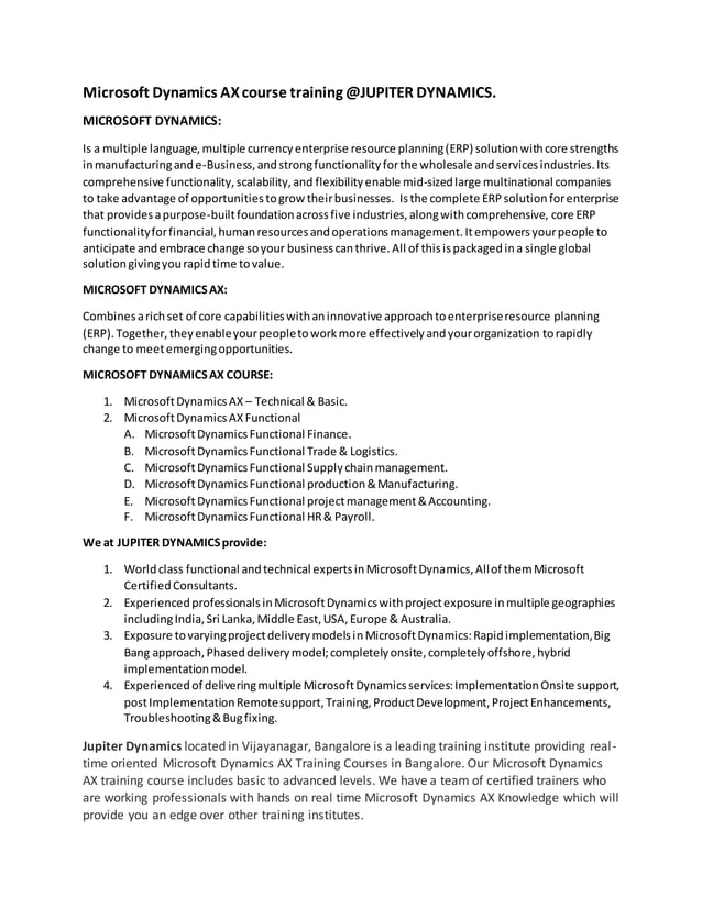 Microsoft Dynamics AX course training @Jupiter Dynamics. | PDF