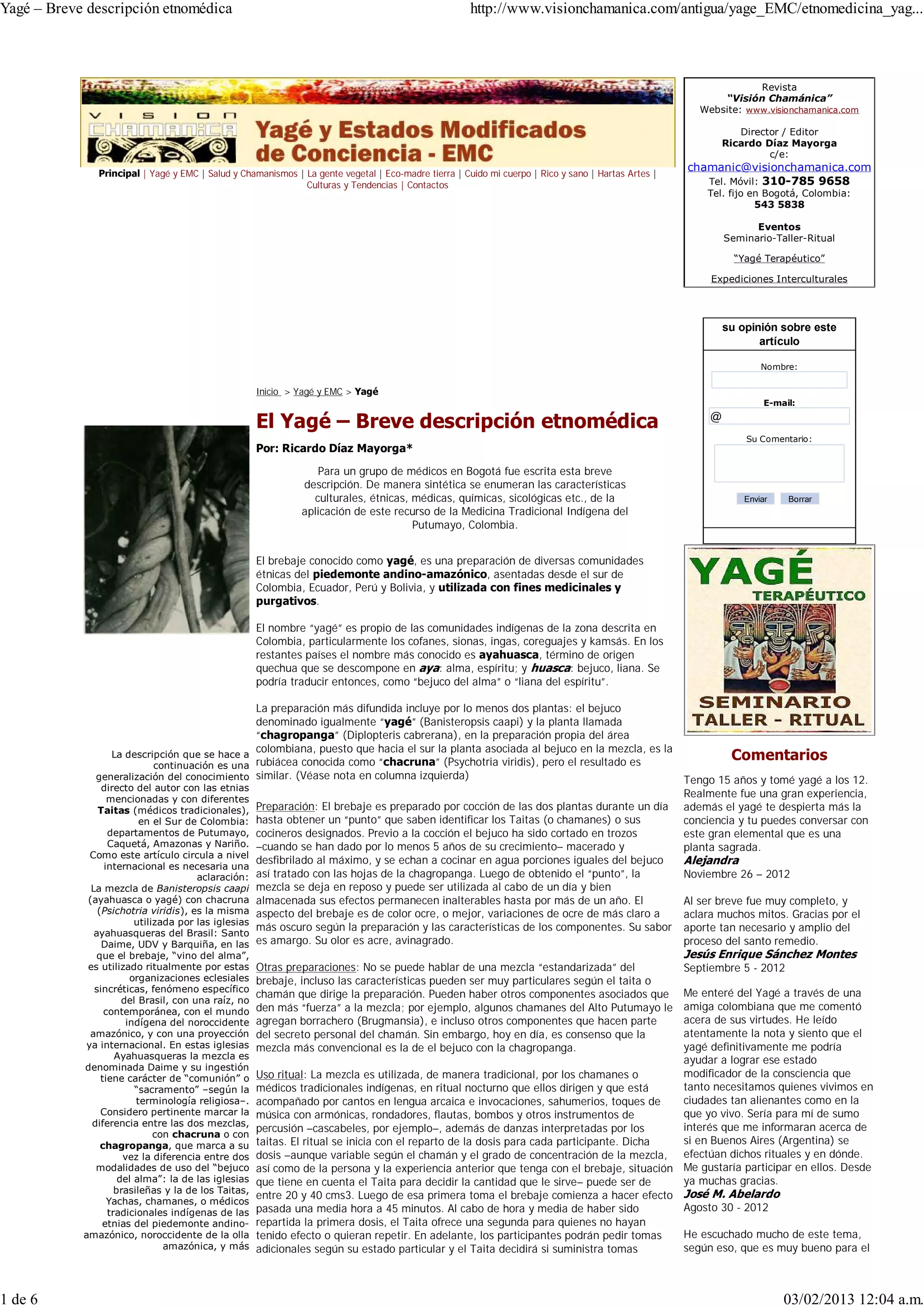 Ayahuasca yagé – breve descripción etnomédica - ricardo diaz mayorga | PDF