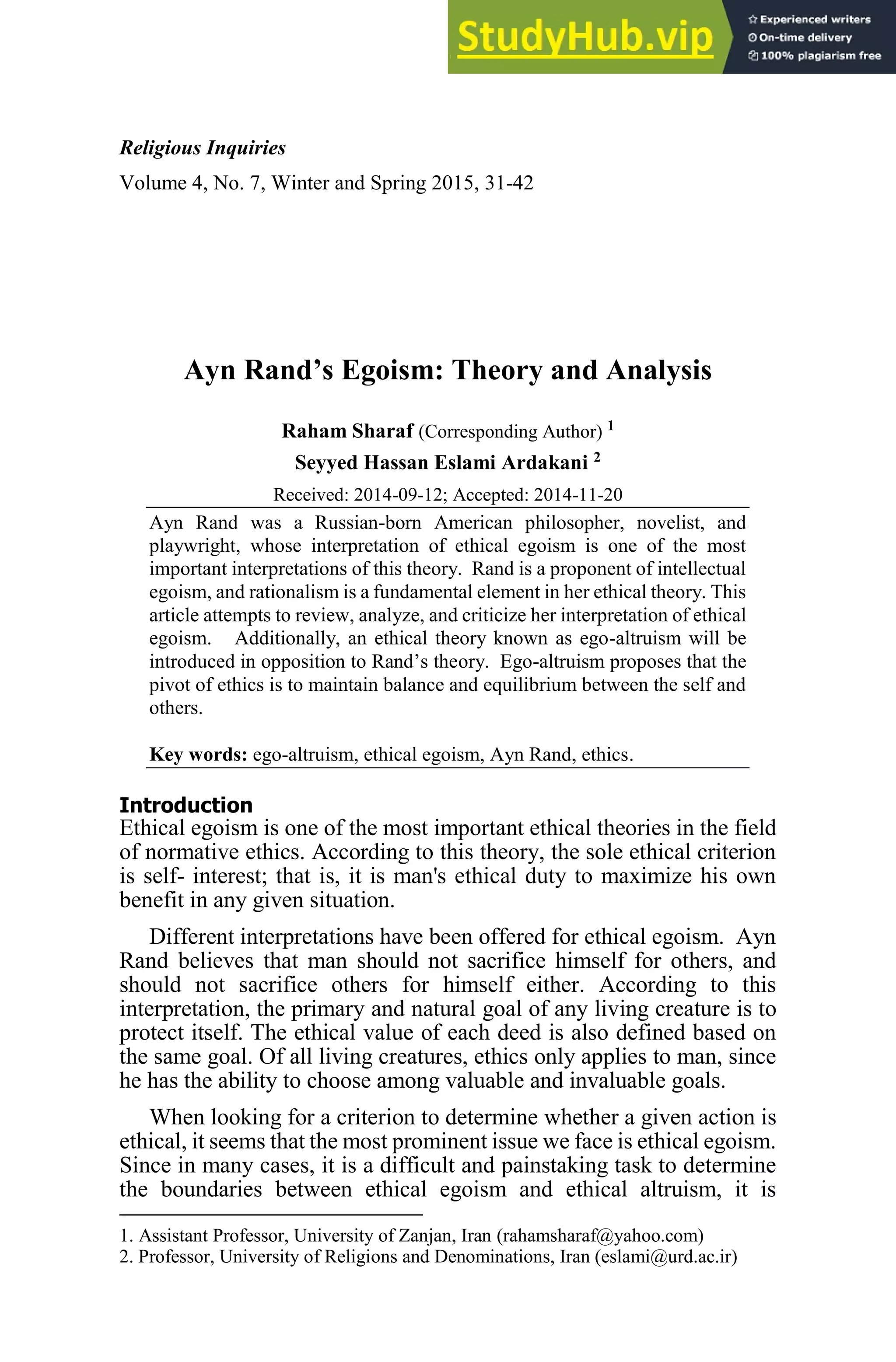 Ayn Rand S Egoism Theory And Analysis | PDF