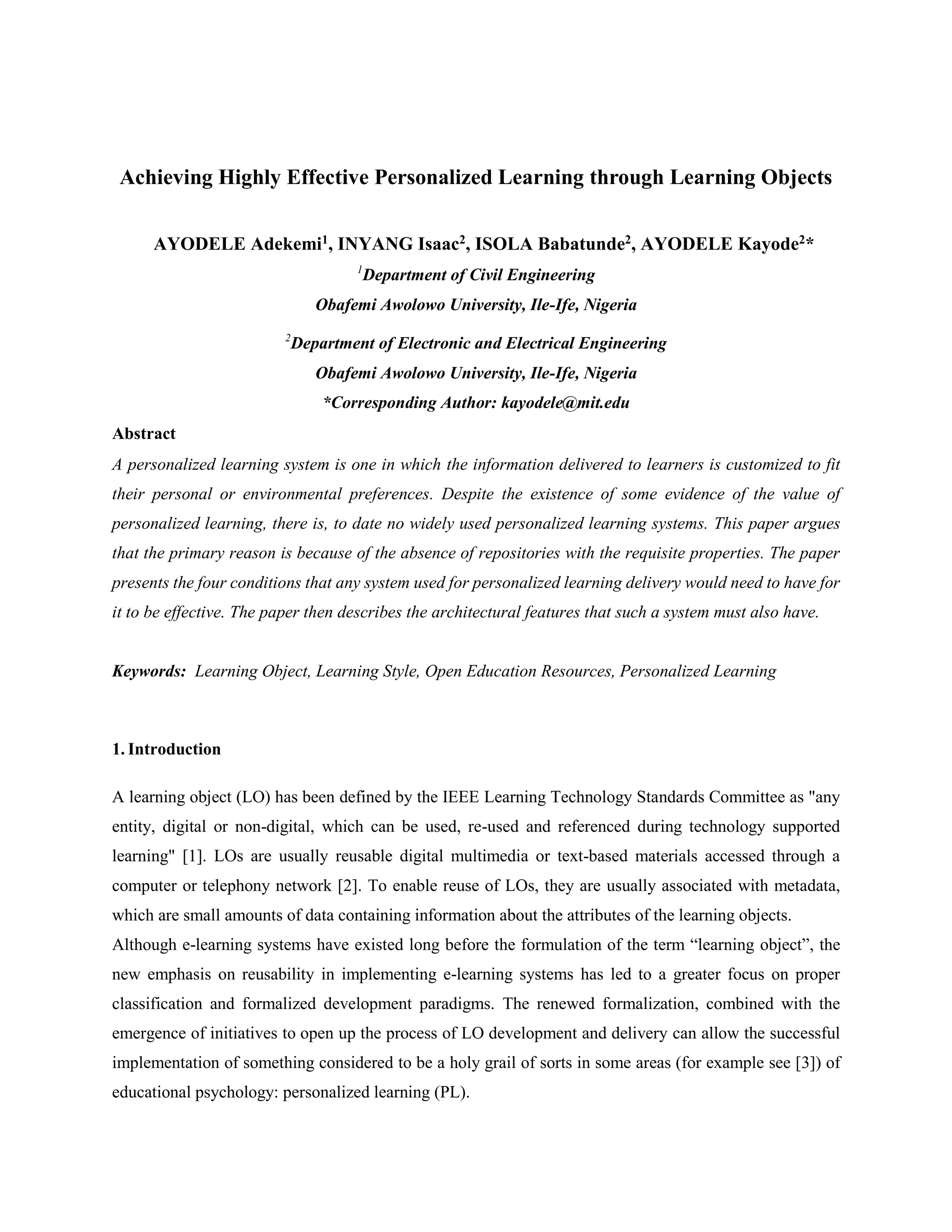 Achieving Highly Effective Personalized Learning through Learning ...