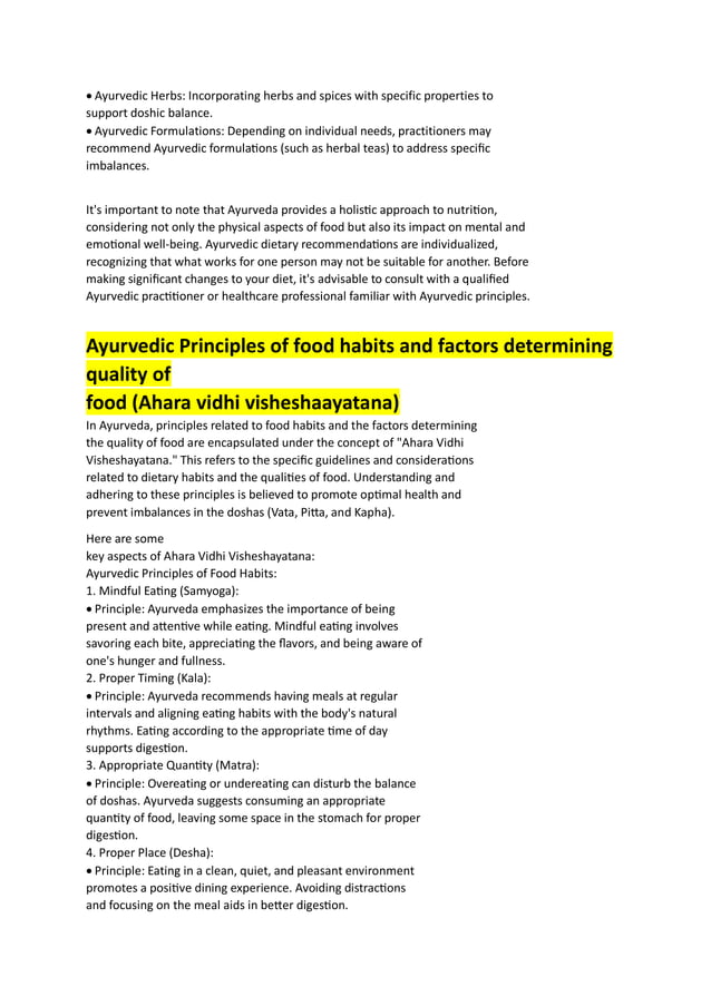 BASIC PRINCIPLES OF FOOD & NUTRITION AYURVEDA | PDF