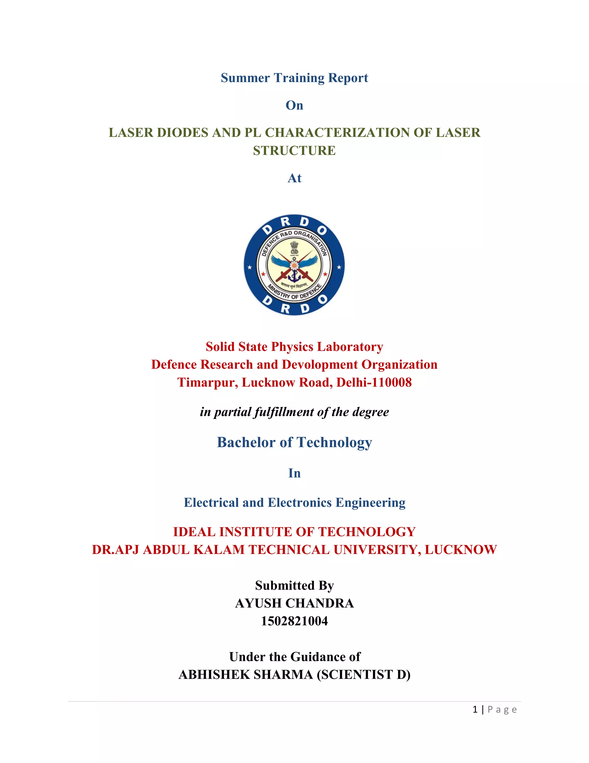 Summer Training Report SSPL , DRDO | PDF