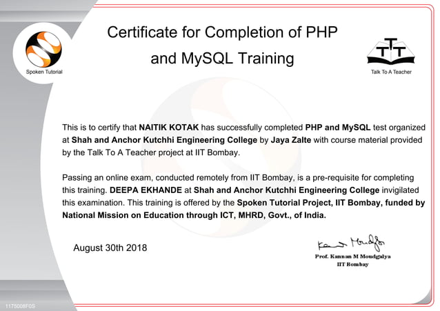 Php and my sql certificate | PPT
