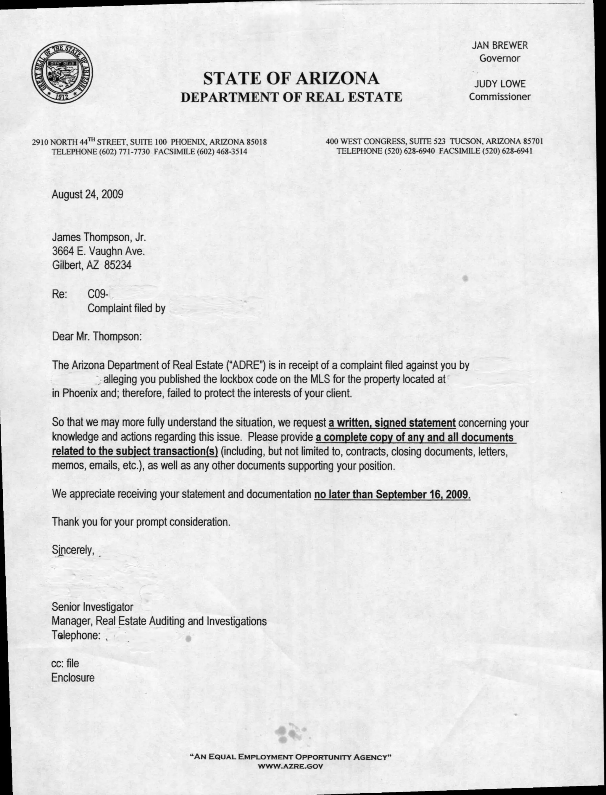 AZ Dept of Real Estate Letter | PDF