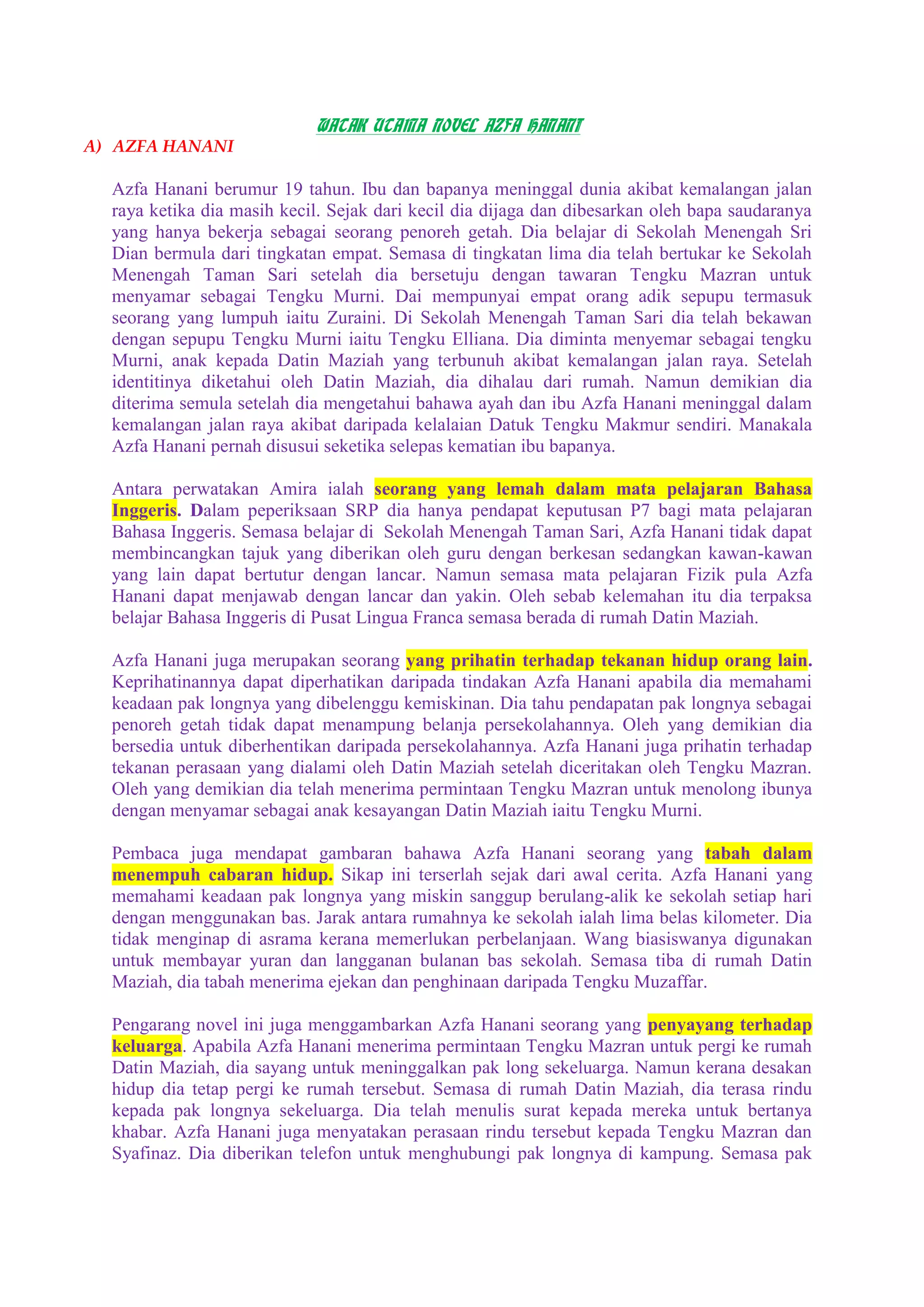 WATAK UTAMA NOVEL AZFA HANANI | PDF