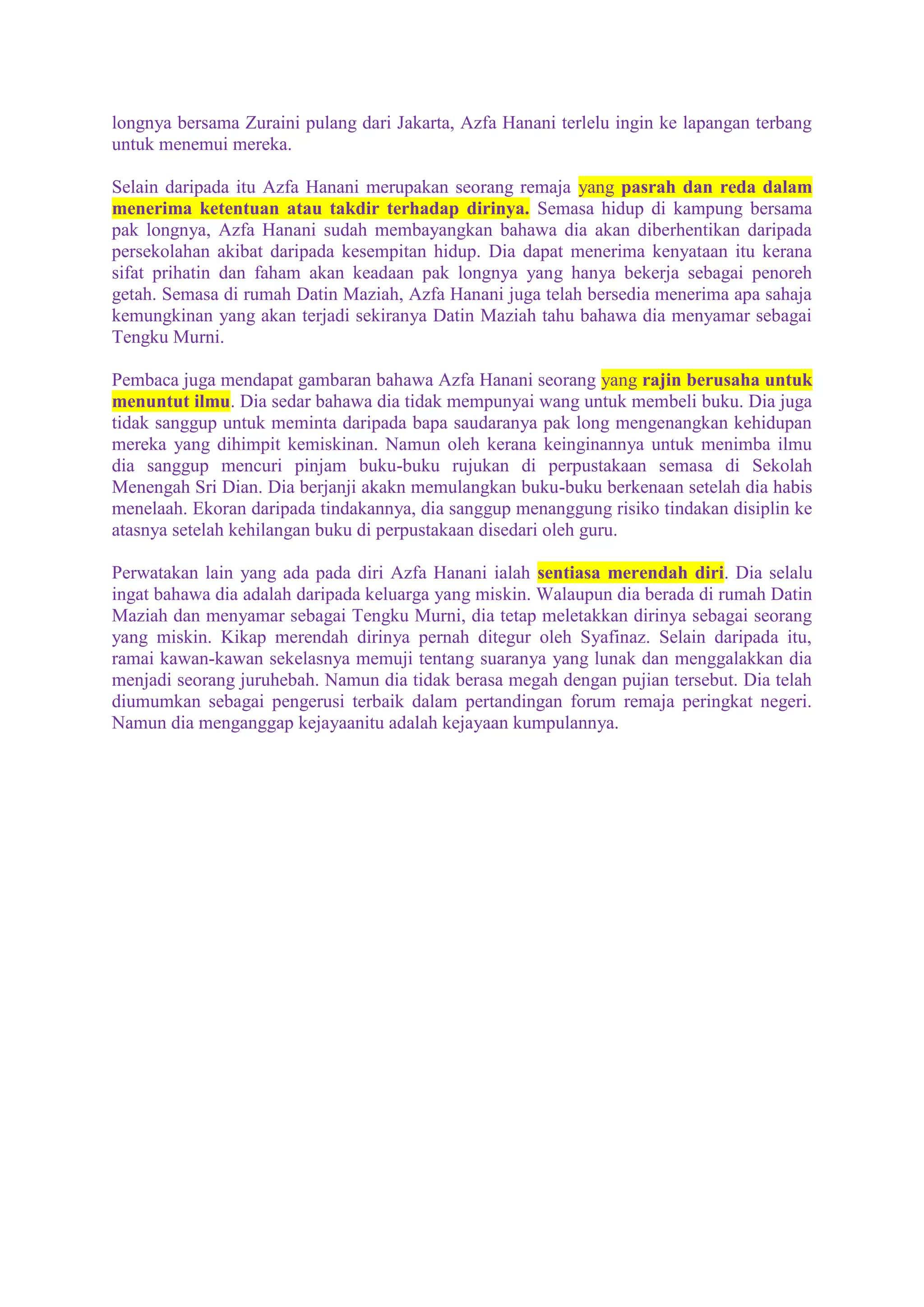 WATAK UTAMA NOVEL AZFA HANANI | PDF