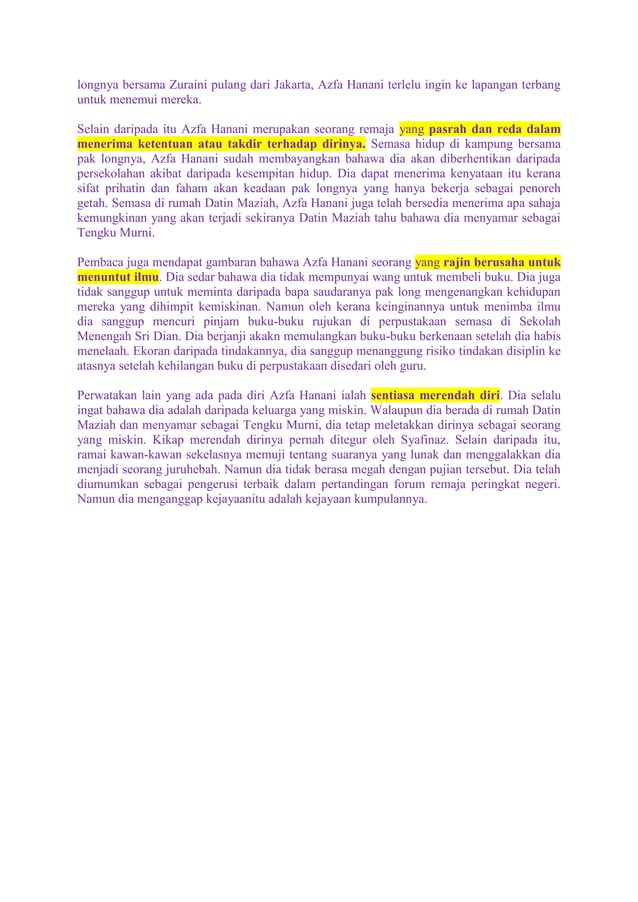 WATAK UTAMA NOVEL AZFA HANANI | PDF