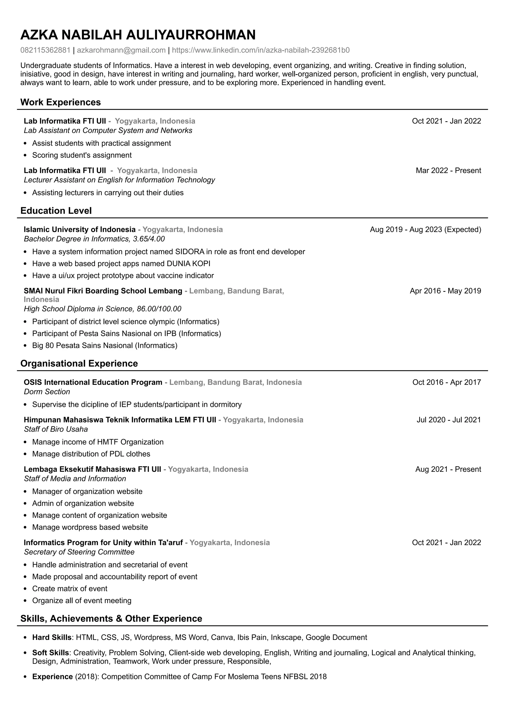 Azka Nabilah Resume | PDF