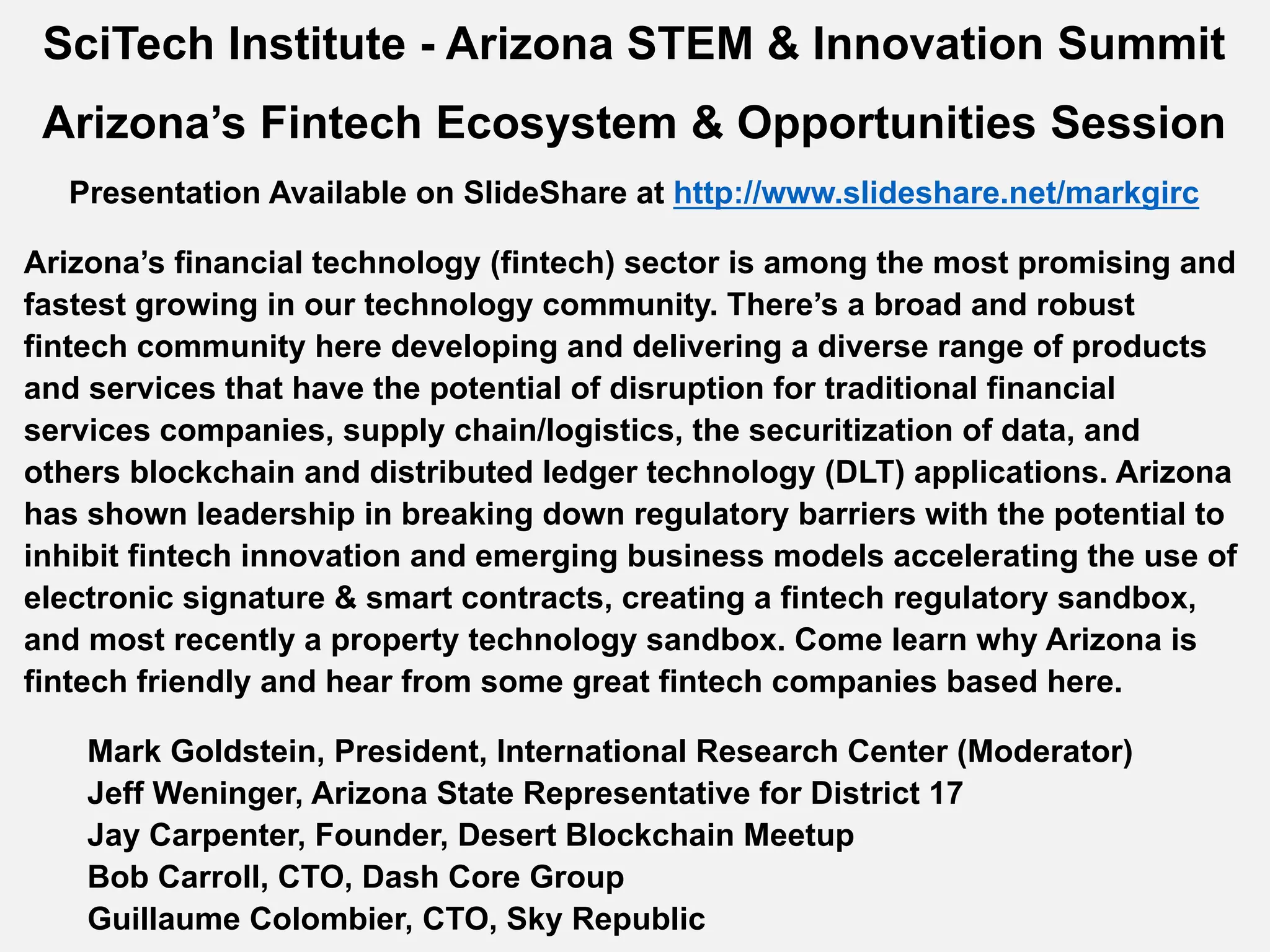 Arizona’s Fintech Ecosystem & Opportunities Presentation 9/17/19 | PDF