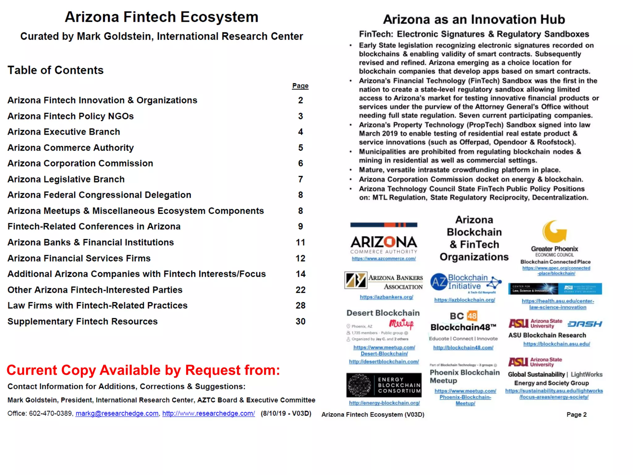 Arizona’s Fintech Ecosystem & Opportunities Presentation 9/17/19 | PDF