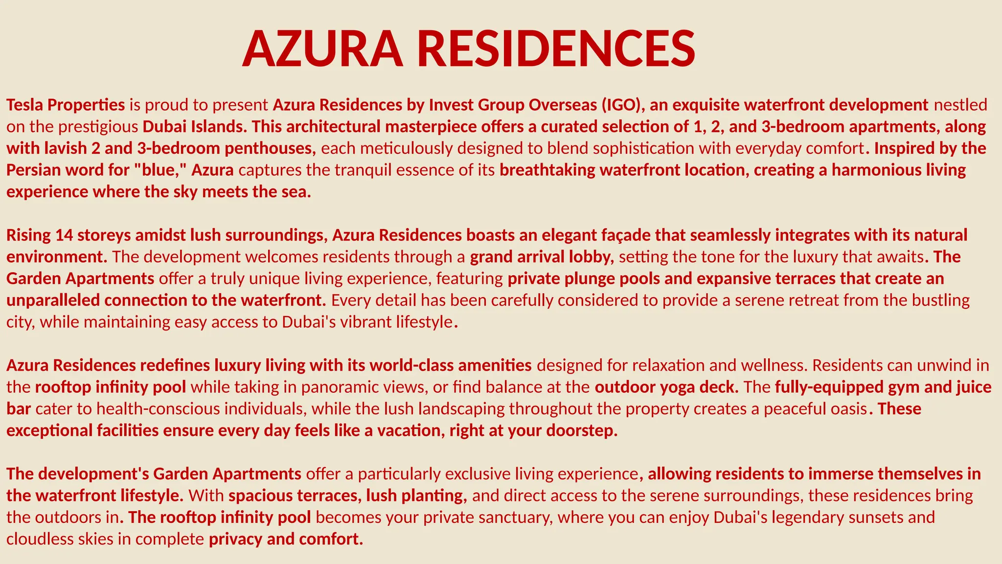 AZURA RESIDENCES In Dubai Island By Tesla Properties providing Top ...