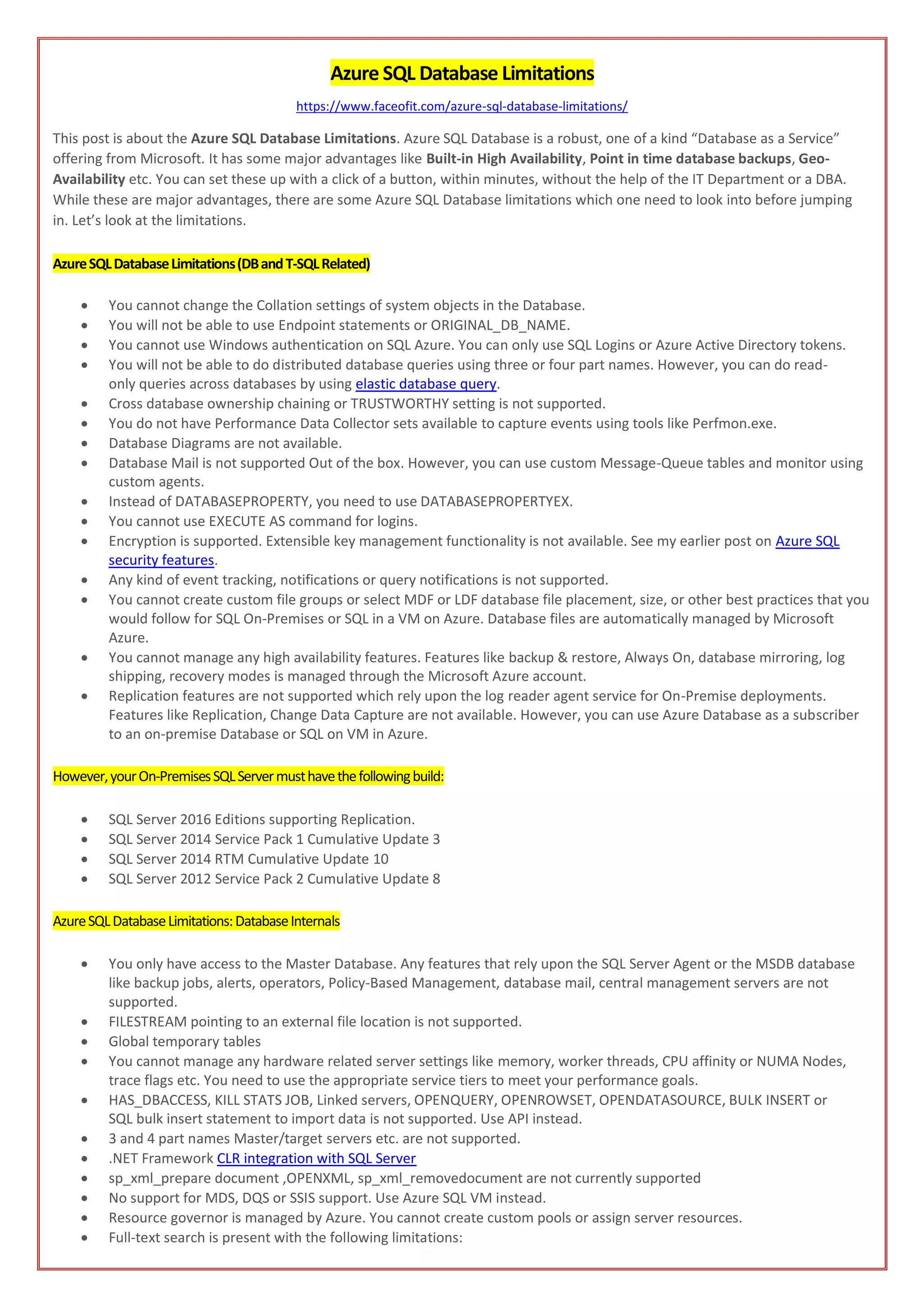 Azure sql database limitations | PDF